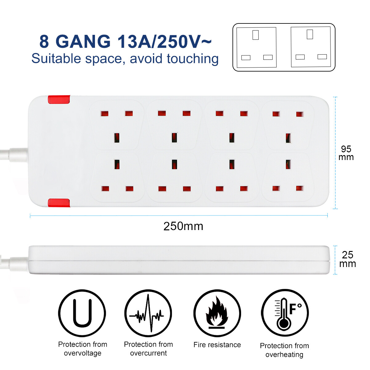 8 Way Gang Mains Extension Lead 2m 5m Cable UK Plug Electric Socket ...