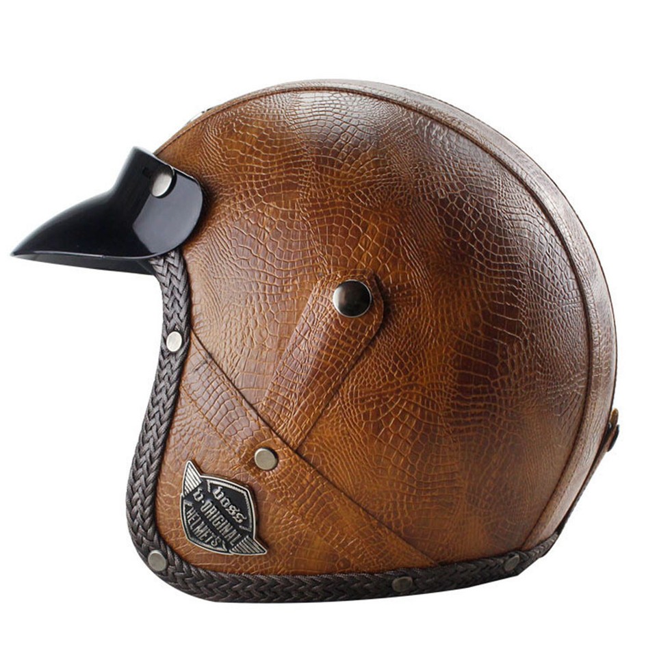 Vintage Motorcycle Helmet Open Face Scooter Cruiser Street Bike Leather ...