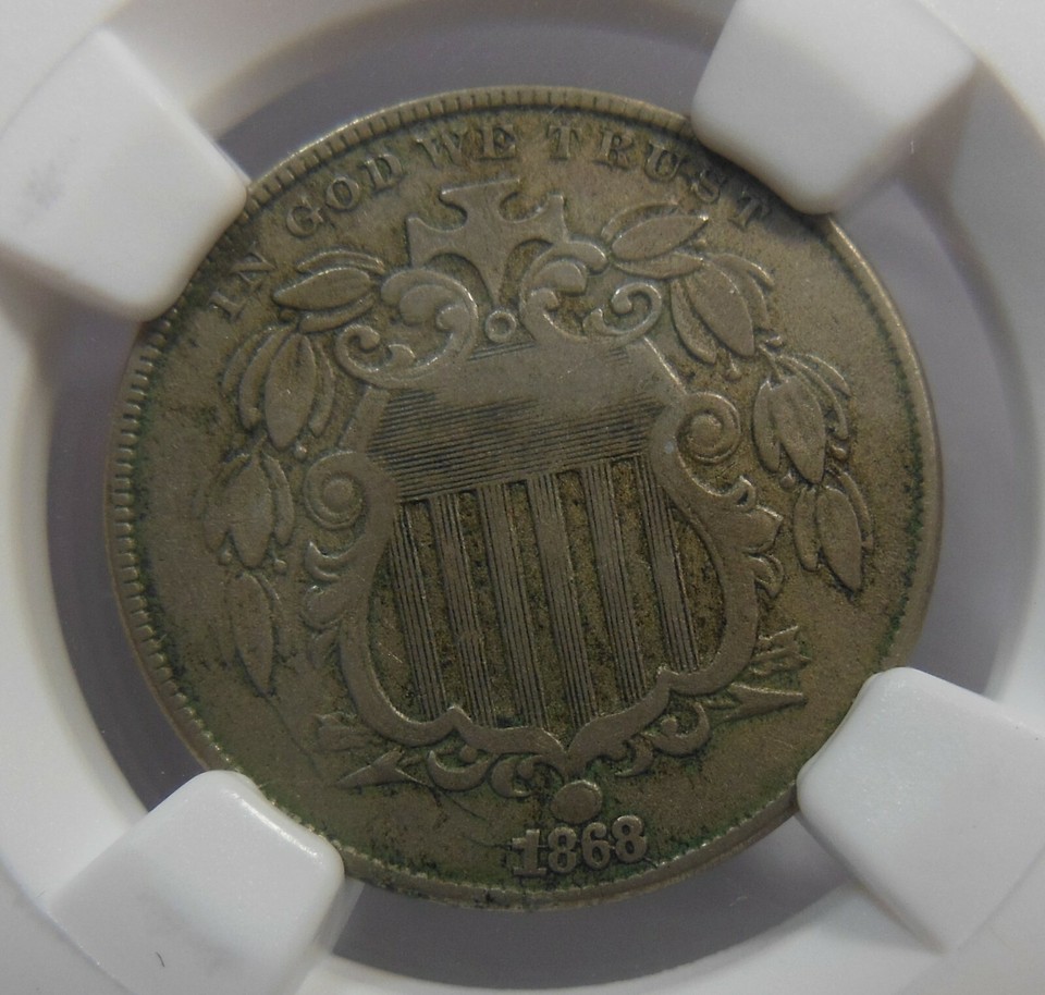 1868 SHIELD NICKEL, RARE STEP-TAIL, NGC XF40, DIE BREAK AT DATE, FS-05 ...