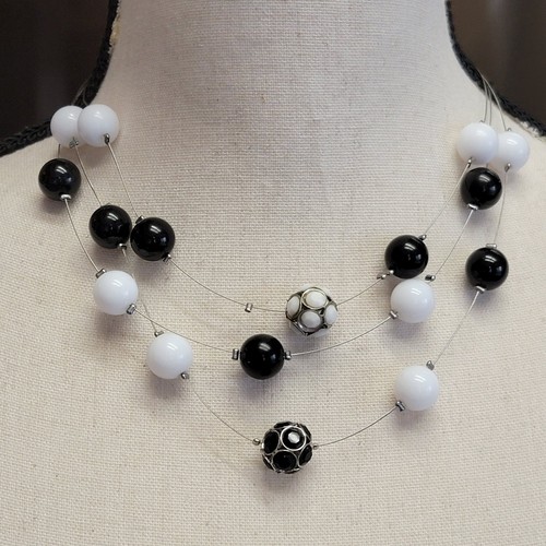 Black White Floating Beaded Necklace Multi Strand Layered Retro Mod ...