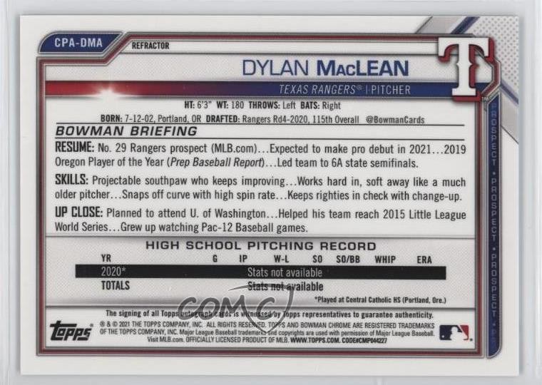 2021 Bowman Chrome Prospects Auto Refractor /499 Dylan MacLean #CPA-DMA Auto | eBay