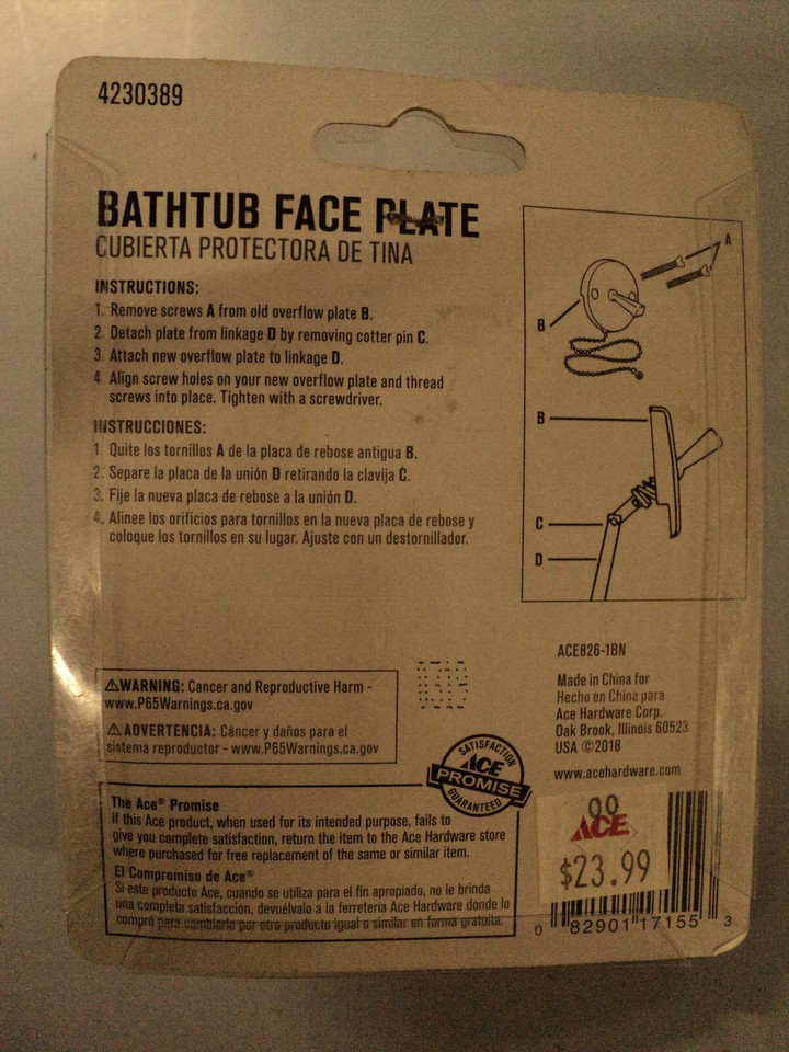 Ace Brand Brushed Nickel Bathtub Face Plate with Trip Lever & Screws | eBay