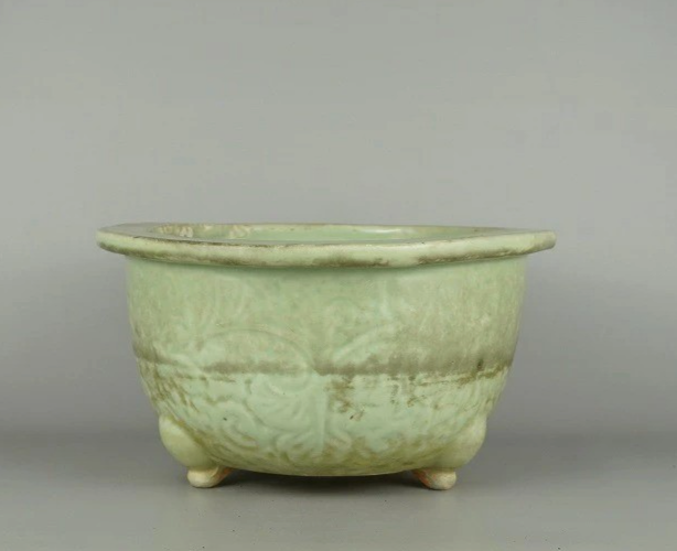 Japanese Bonsai pot SETO-YAKI Green glazed Patterns Rim Round w12 ...