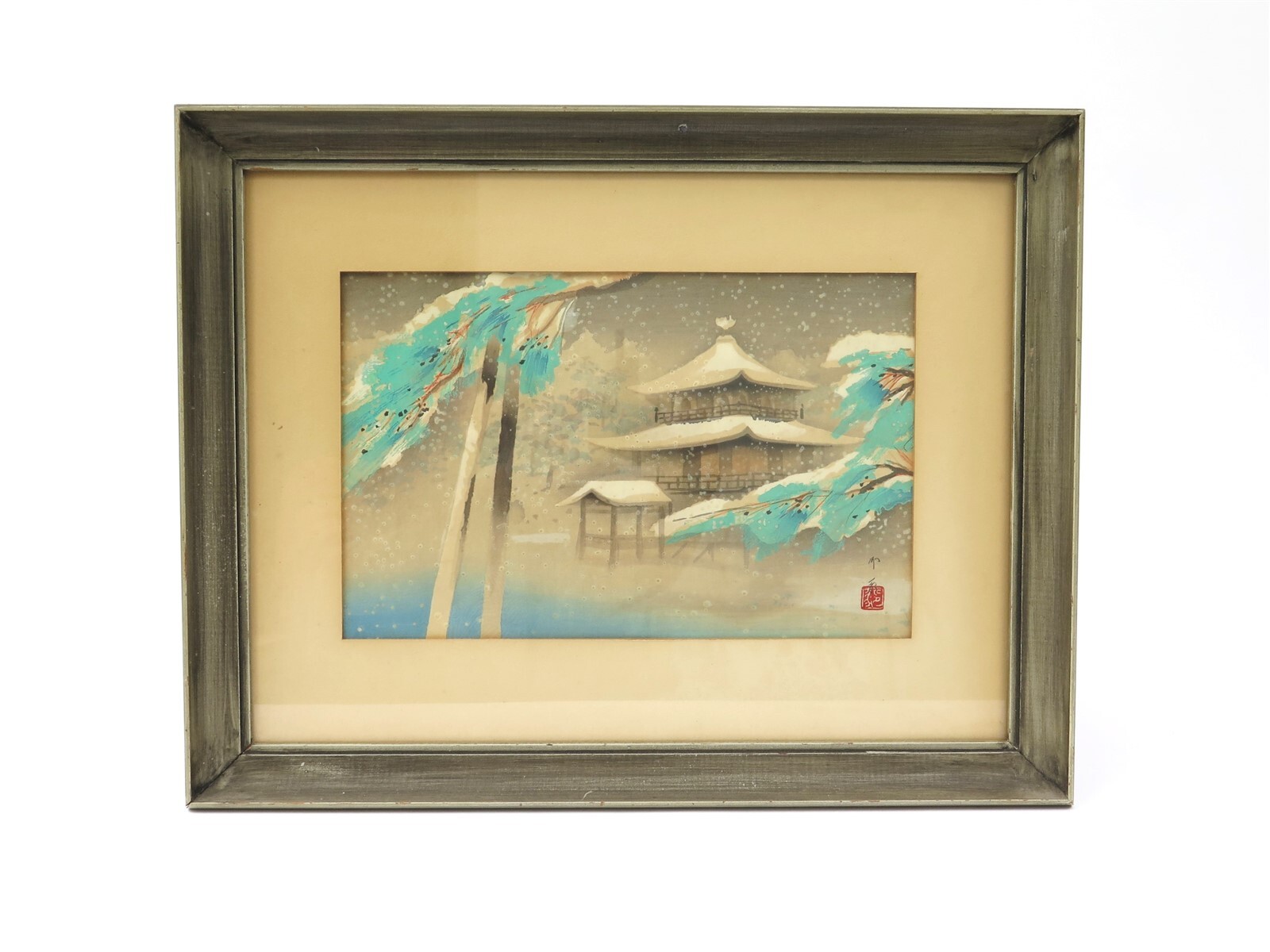 Framed 1928 Domoto Insho (1891-1975) Ginkaku-ji Woodblock Print 19" x ...