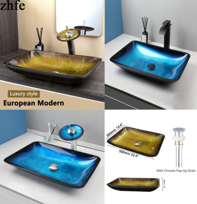 Rectangle Yellow&Bllue Glass Bathroom Basin Bowl Vessel Sink Mixer ...