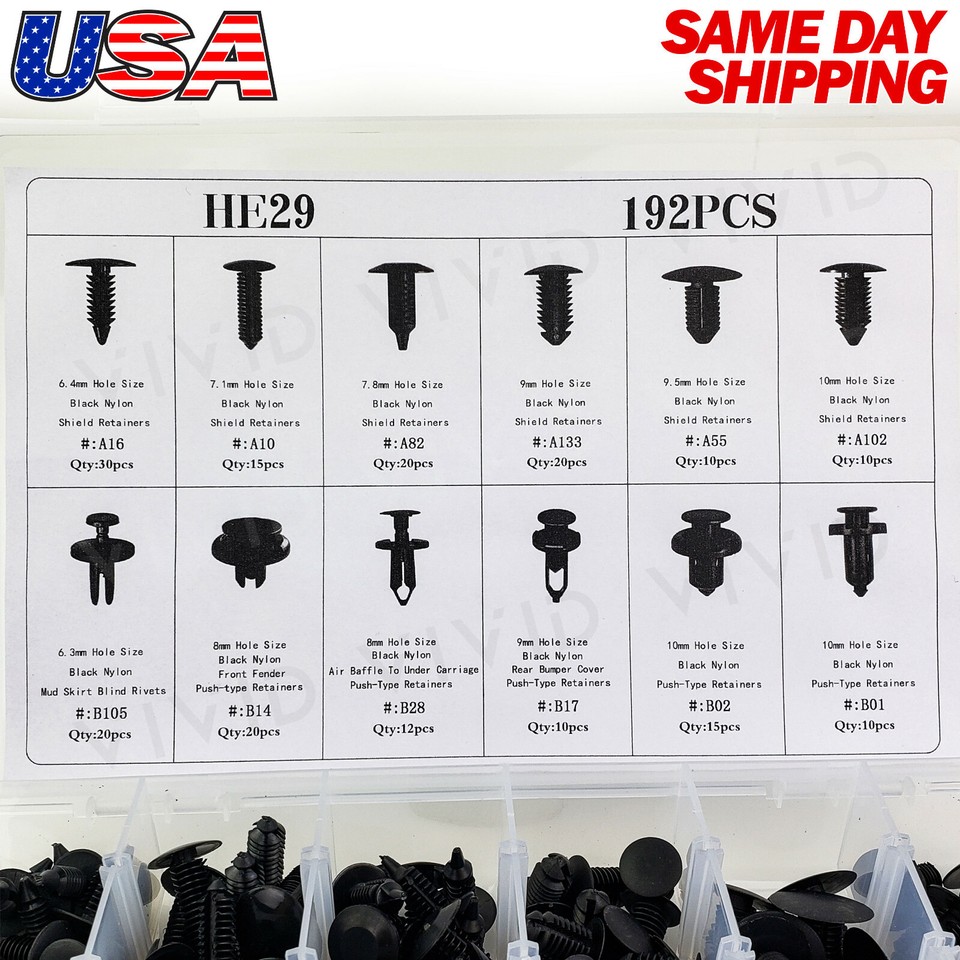 192pc Plastic Rivets Fastener Fender Bumper Push Clips with Tool for ...