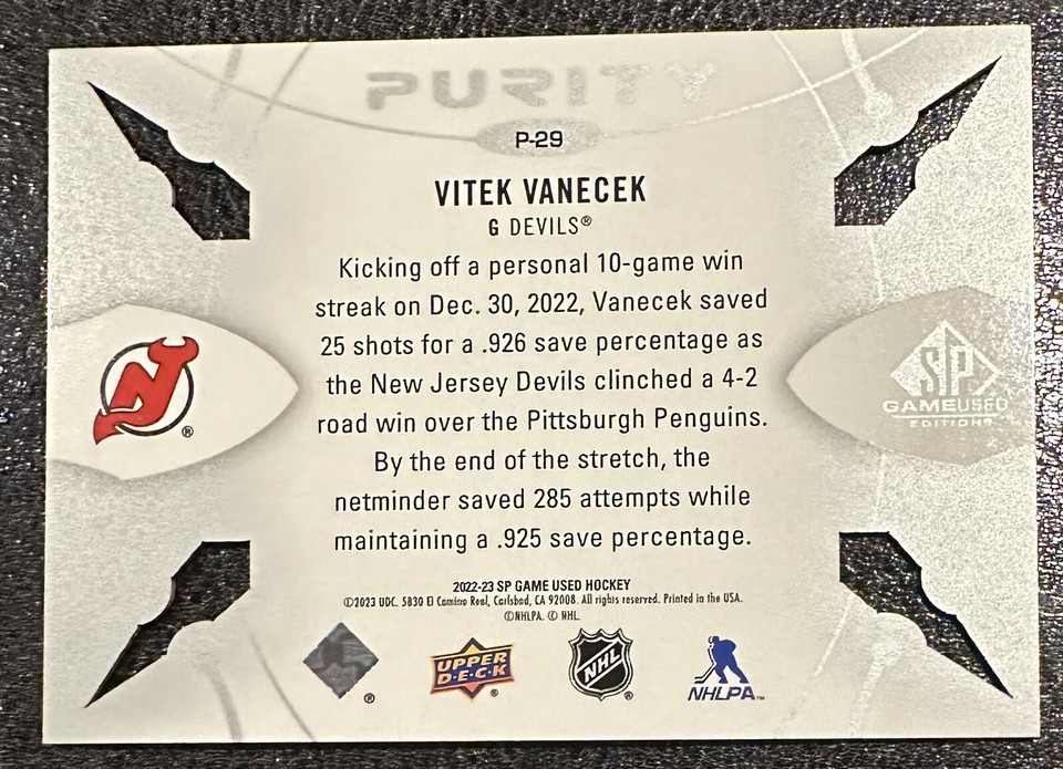 2022-23 Upper Deck SP Game Used Vitek Vanecek Purity P-29 - New Jersey ...
