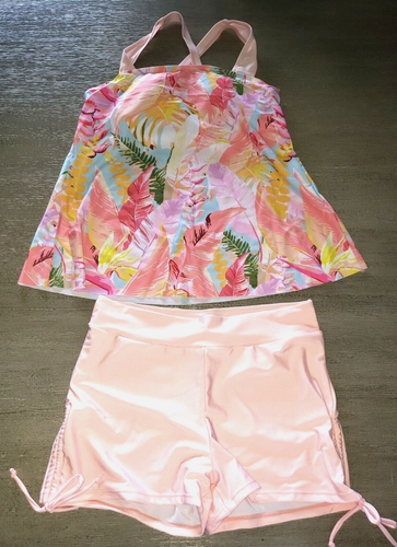 women NEW 2 PC SWIM SWIMMING SUIT LARGE pink tropical flowers padded ...