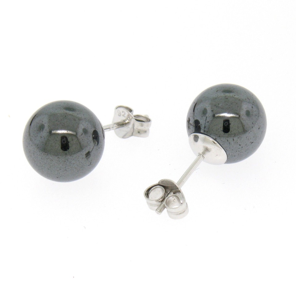 NEW .925 Sterling Silver 10mm Round Hematite Ball Stud Earrings Simple ...