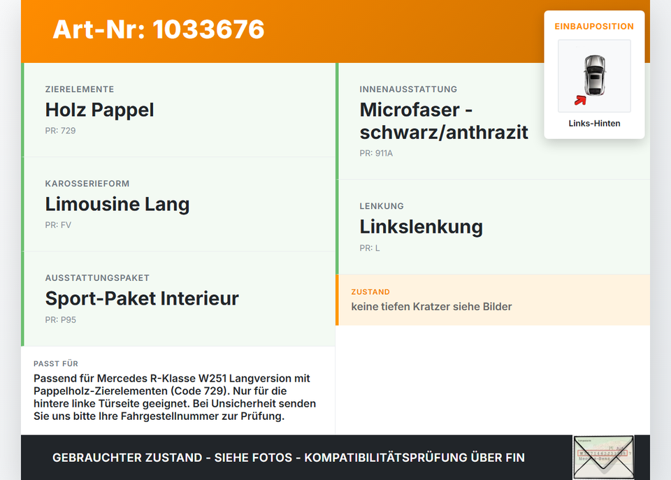 Türleiste Li Hi Innen Holzdekor für Mercedes W251 R350 10-13 Lang 650 ...