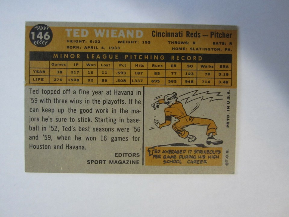 1960 Topps # 146 Ted Wieand Autograph / Signed card (M) Cincinnati Reds ...