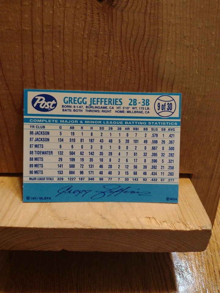 1991 Post Cereal Baseball Series #9 of 30 GREGG JEFFERIES BOX69 | eBay