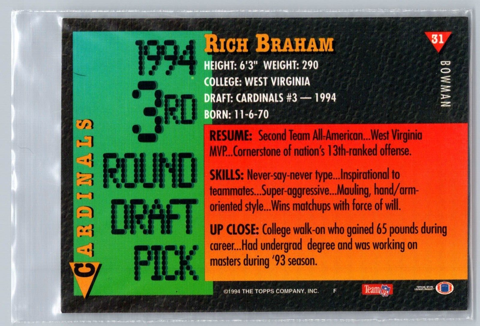 1994 TOPPS BOWMAN CARD # 31 Rich Braham - Arizona Cardinals | eBay