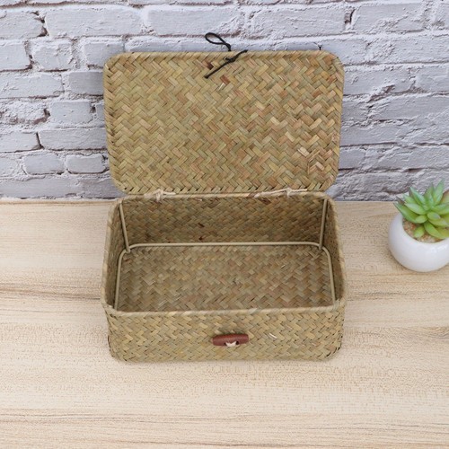 Shallow Wicker Baskets Straw Storage with Lid Decorative Small Woven | eBay