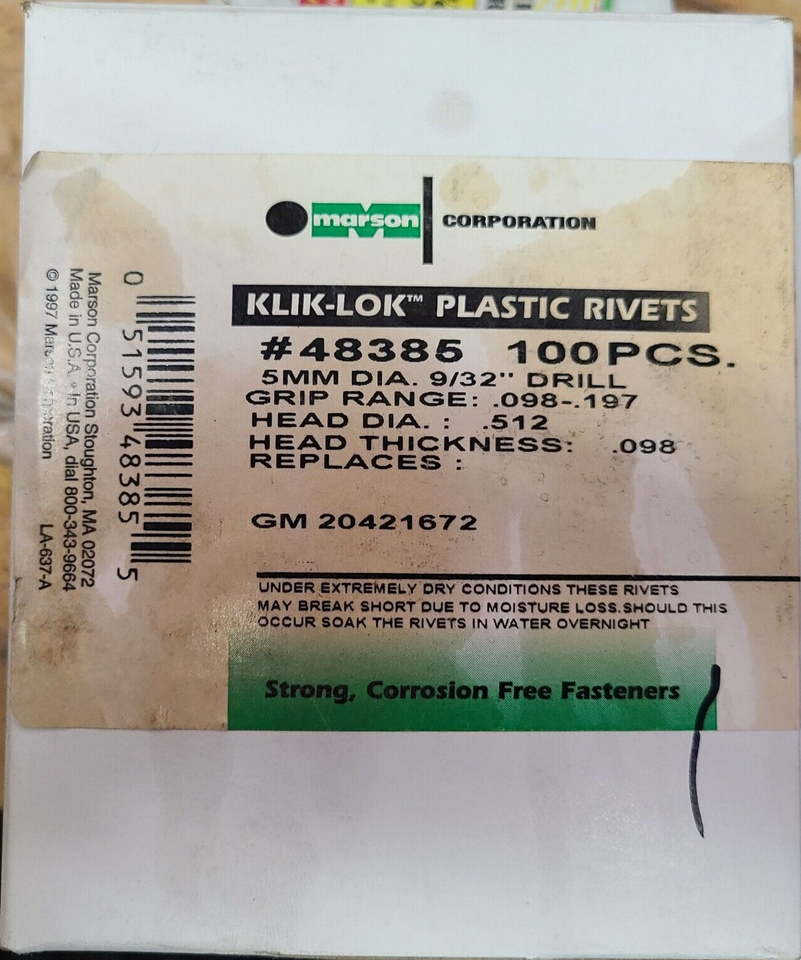 Marson 48355 Klik Lok Plastic Rivets 5mm .098-.197 GM 20421672 qty 100 ...