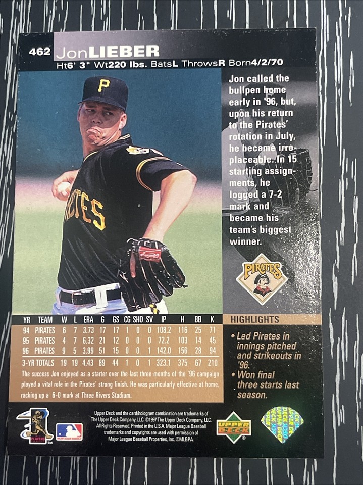 Jon Lieber 1997 Upper Deck #462 Pittsburgh Pirates | eBay