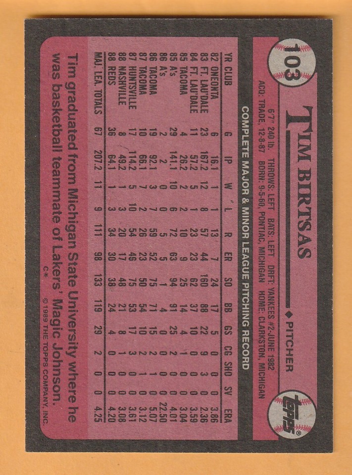 Tim Birtsas Cincinnati Reds AUTO Signed 1989 Topps Michigan State ...