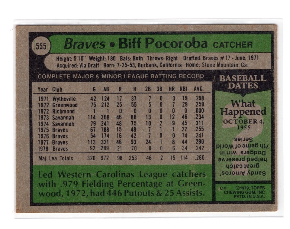 1979 Topps Baseball Card Biff Pocoroba Atlanta Braves #555 | eBay
