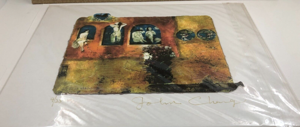 John Cheng matted print collage, signed, #9/25, Women in Bathhouse, Koi ...