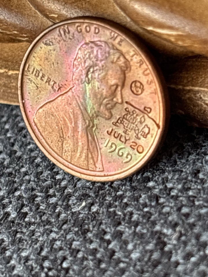 1969 Toned Lincoln Penny w/ Apollo 11 Landing Counter stamped. “Moon ...