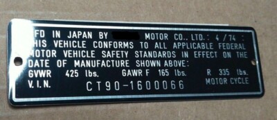 CT70 CT90 CL70 & More Motorcycle ID Plate Emblem TAG Custom Engraved ...
