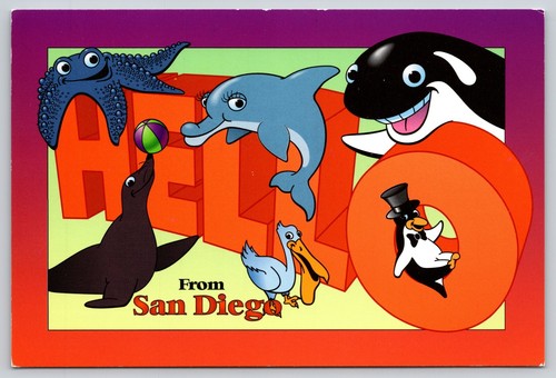Postcard Hello from San Diego Zoo California Cartoon Orca Whale Penguin ...