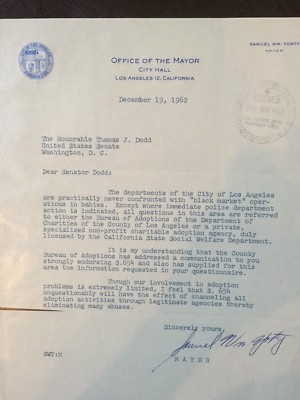 SIGNED TYPED letter from Mayor Samuel WM. Yorty(LA) to Senator Thomas ...