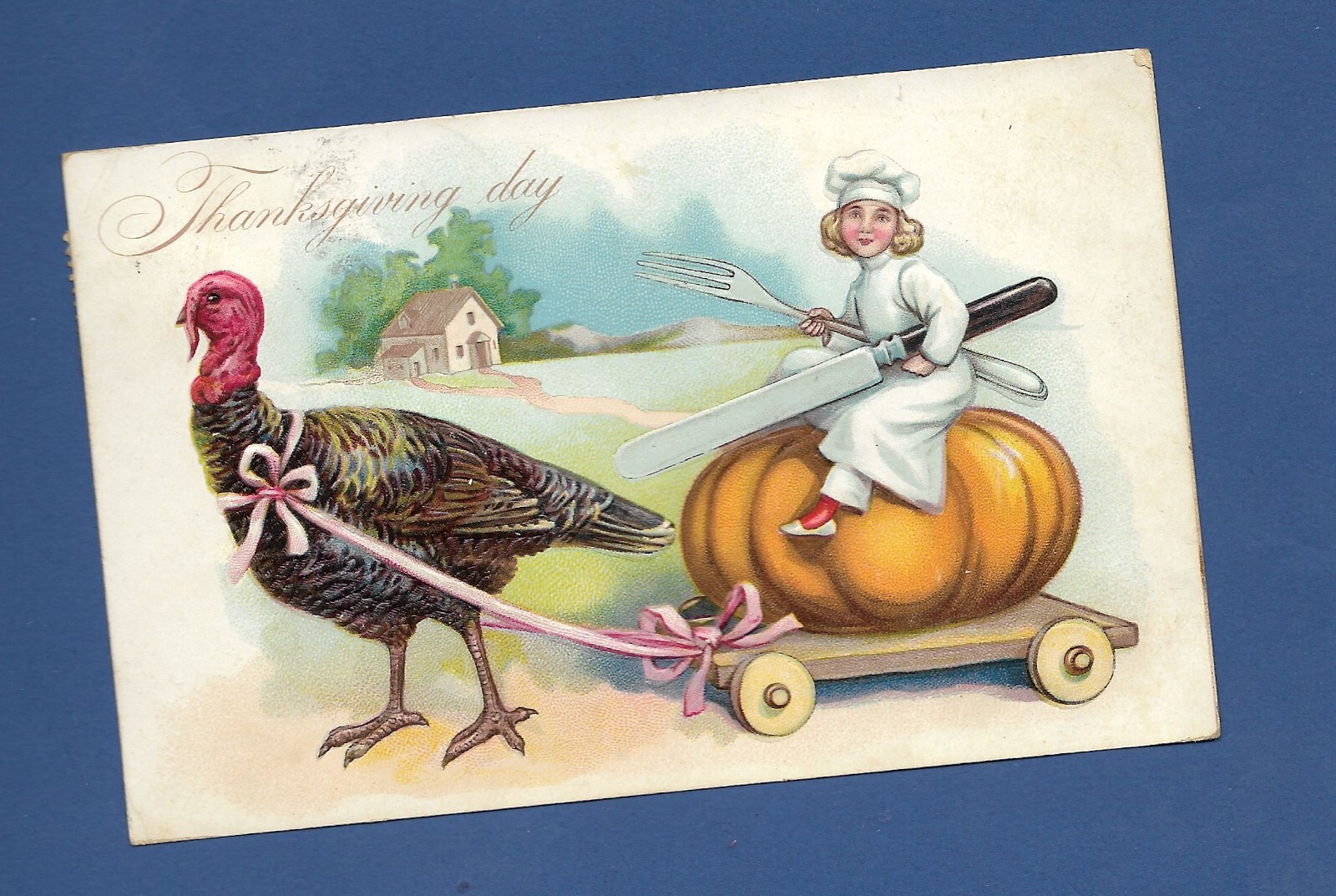 Antique Postcard Thanksgiving Day Tuck Turkey Pulling Cart Fork Knife ...