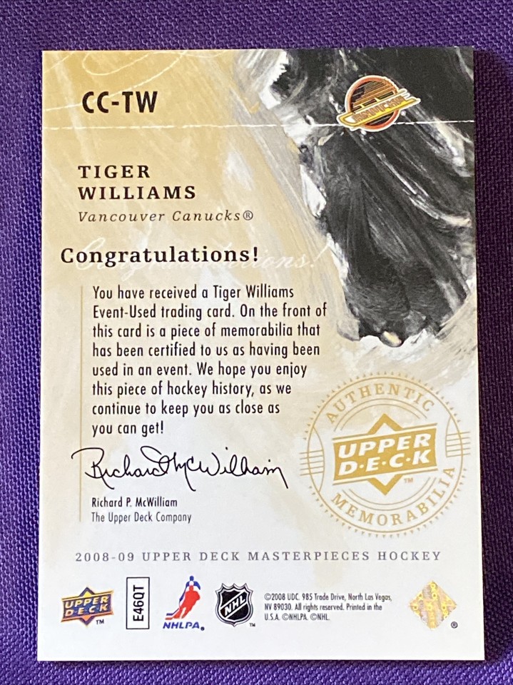 2008-09 UD Masterpieces Canvas Clippings Brown #CCTW Tiger Williams ...