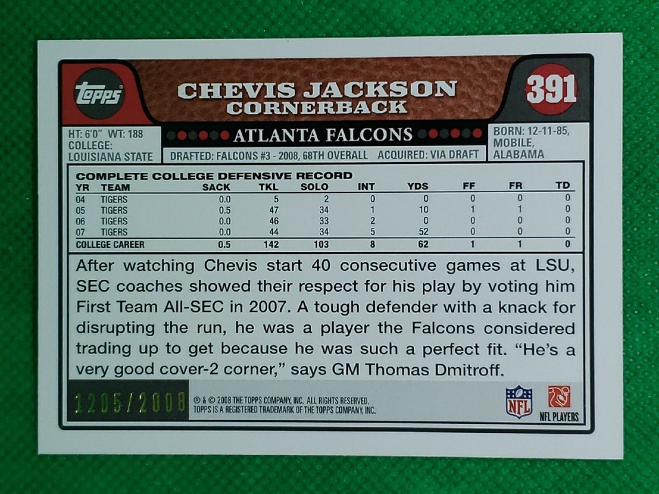 Chevis Jackson 2008 Topps #391 Rookie Card Gold Parallel SN 1205/2008 ...
