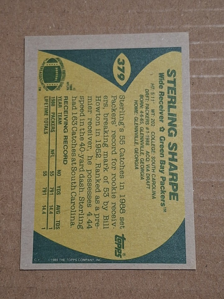 1989 STERLING SHARPE TOPPS NFL ROOKIE CARD RC #379 GREEN BAY GB PACKERS ...
