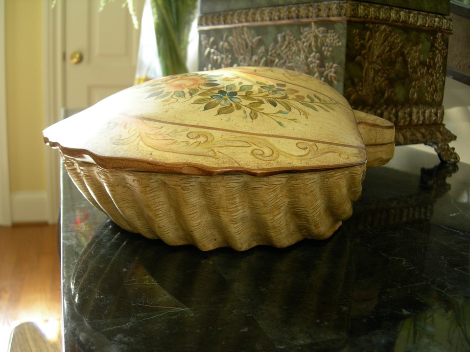 Maitland Smith Hand Painted Scallop Clam Shell Floral Motif Storage Box ...