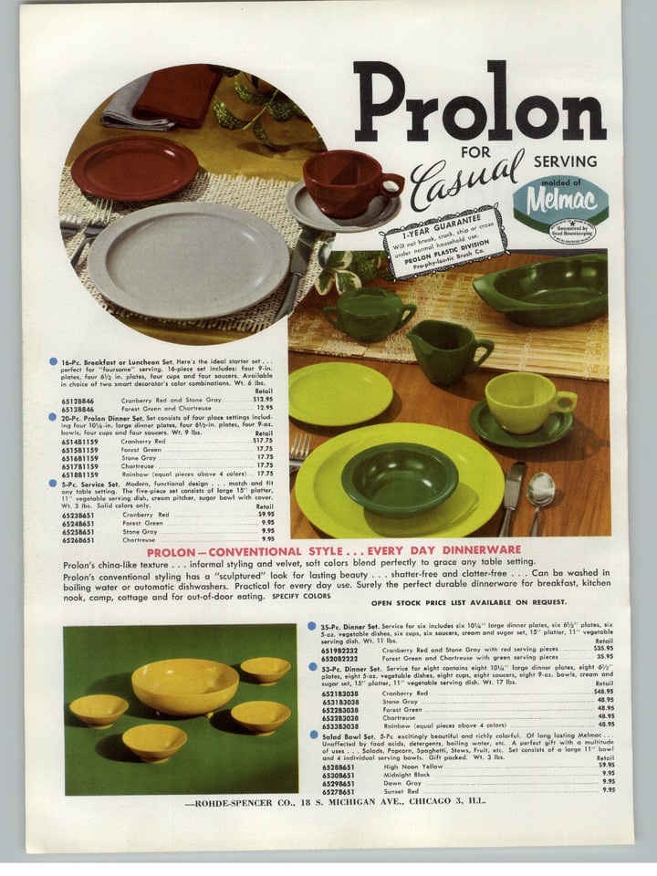 1955 PAPER AD Prolon Florence Melmac Dinnerware Plates Solid Colors | eBay