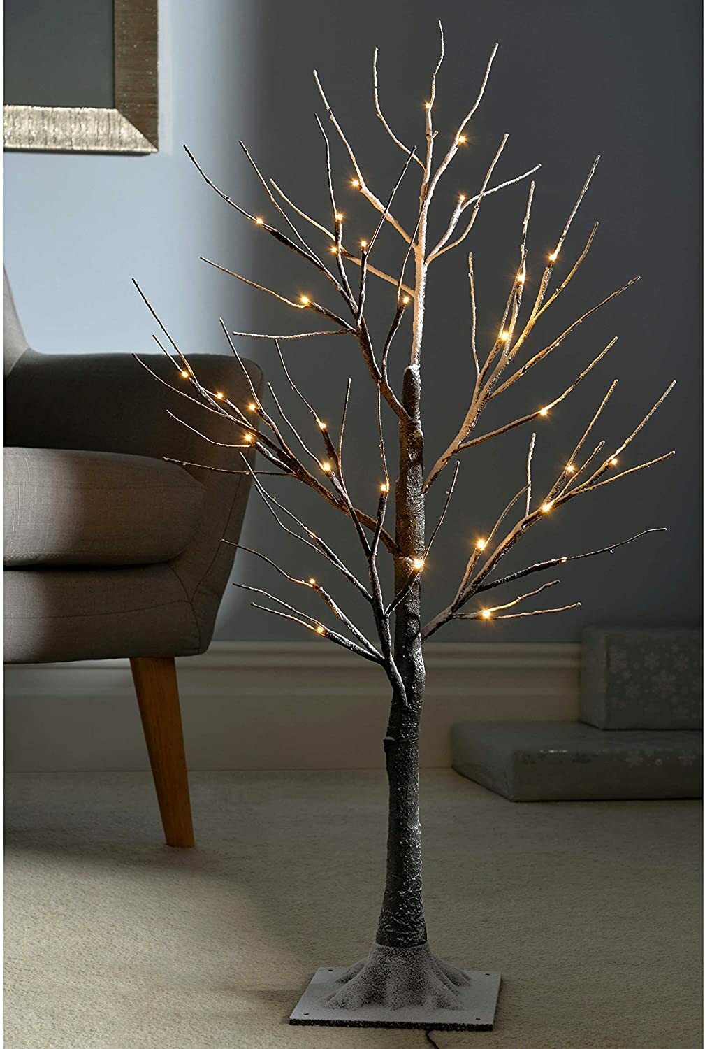 Pre-Lit LED Twig Tree with Snow Effect Decoration, 3 feet/90cm -Brown ...