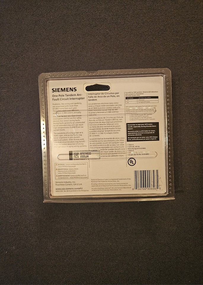 Siemens Q2020AFCP 120V 20A/20A 1-pole AFCI Type QTA Circuit Breaker Arc ...