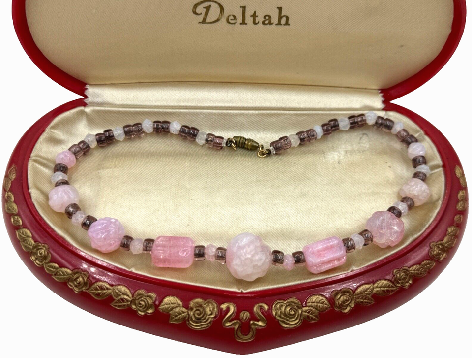 LOUIS ROUSSELET FRANCE FRENCH VNTG NECKLACE HAND-POURED GLASS PINK-GOLD ...