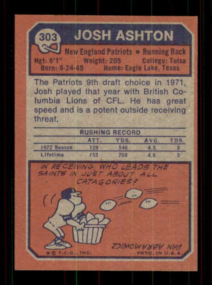 1973 Topps #303 Josh Ashton EXMT/NM Patriots 239262 | eBay