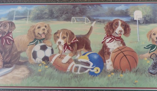Puppies Dogs Playing Sport Baseball Football Wallpaper Border Wall ...