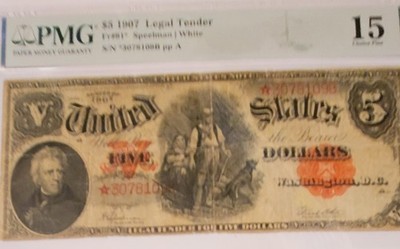 1907 PMG CF 15 $5 STAR US NOTE Sig COMBO SPEELMAN-WHITE Fr # 91 Serial ...