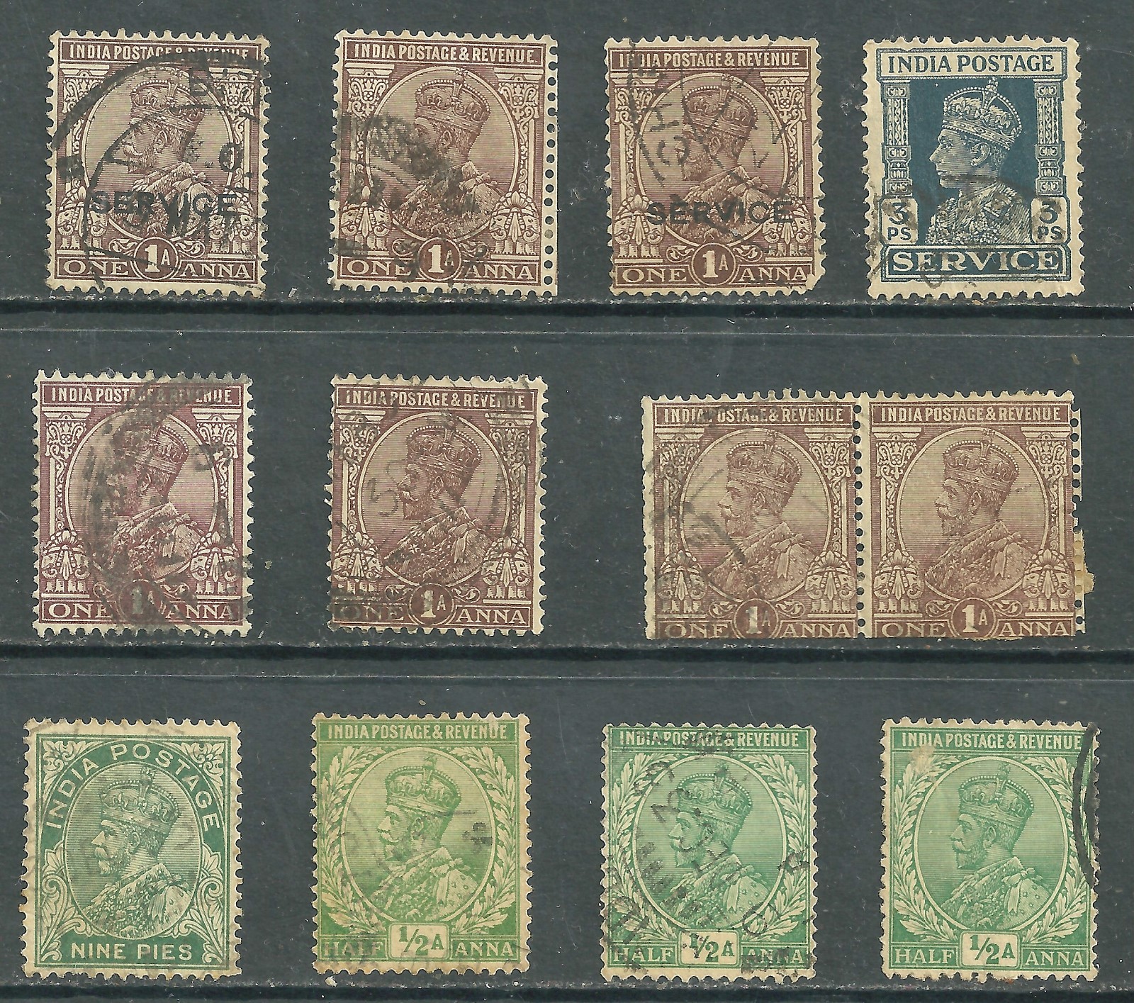 12 Vintage India Stamps Nine Pies, One ANNA, 1/2 ANNA, INDIA POSTAGE ...