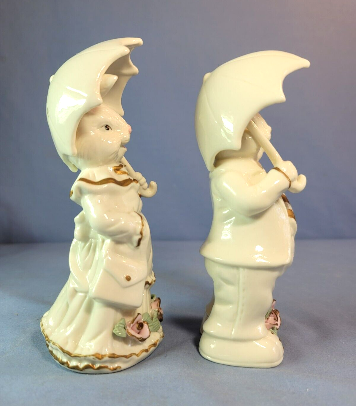 Bunny Rabbit Figurines w/Umbrella Parasol Flowers Vintage Easter Spring ...