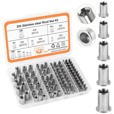 105 Metric Rivet Nut Kit Steel SAE M3 M4 M5 M6 M8 UNC Flat Head Rivnut ...