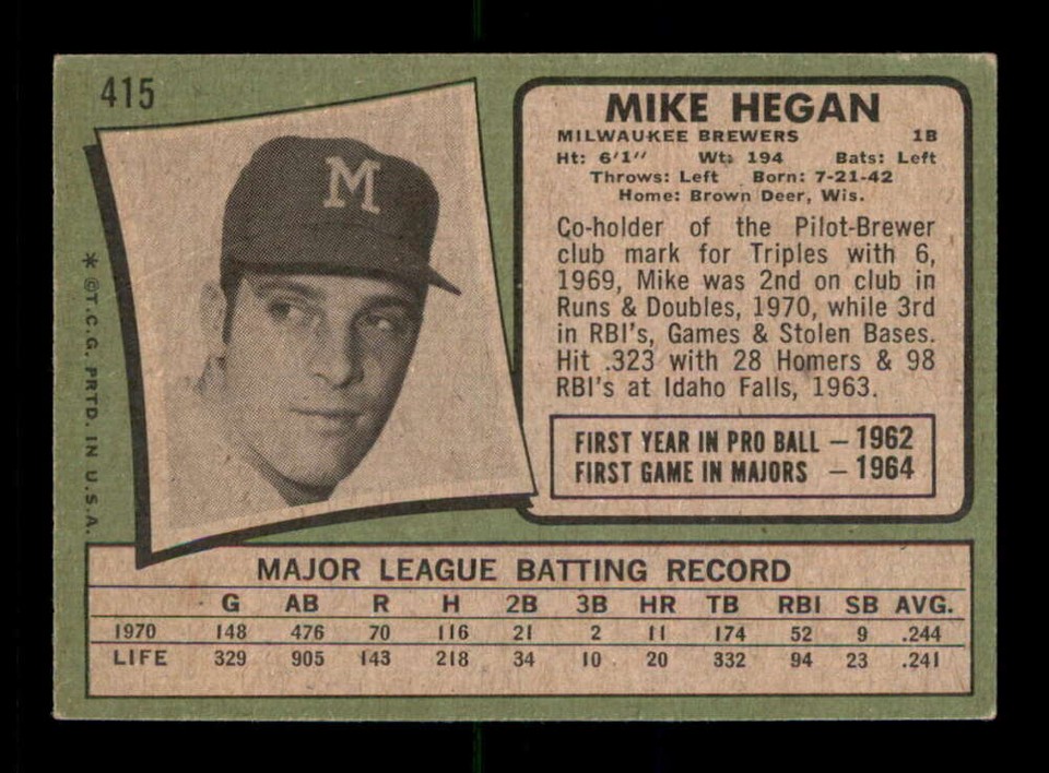 1971 Topps #415 Mike Hegan VG/VGEX X2938679 | eBay