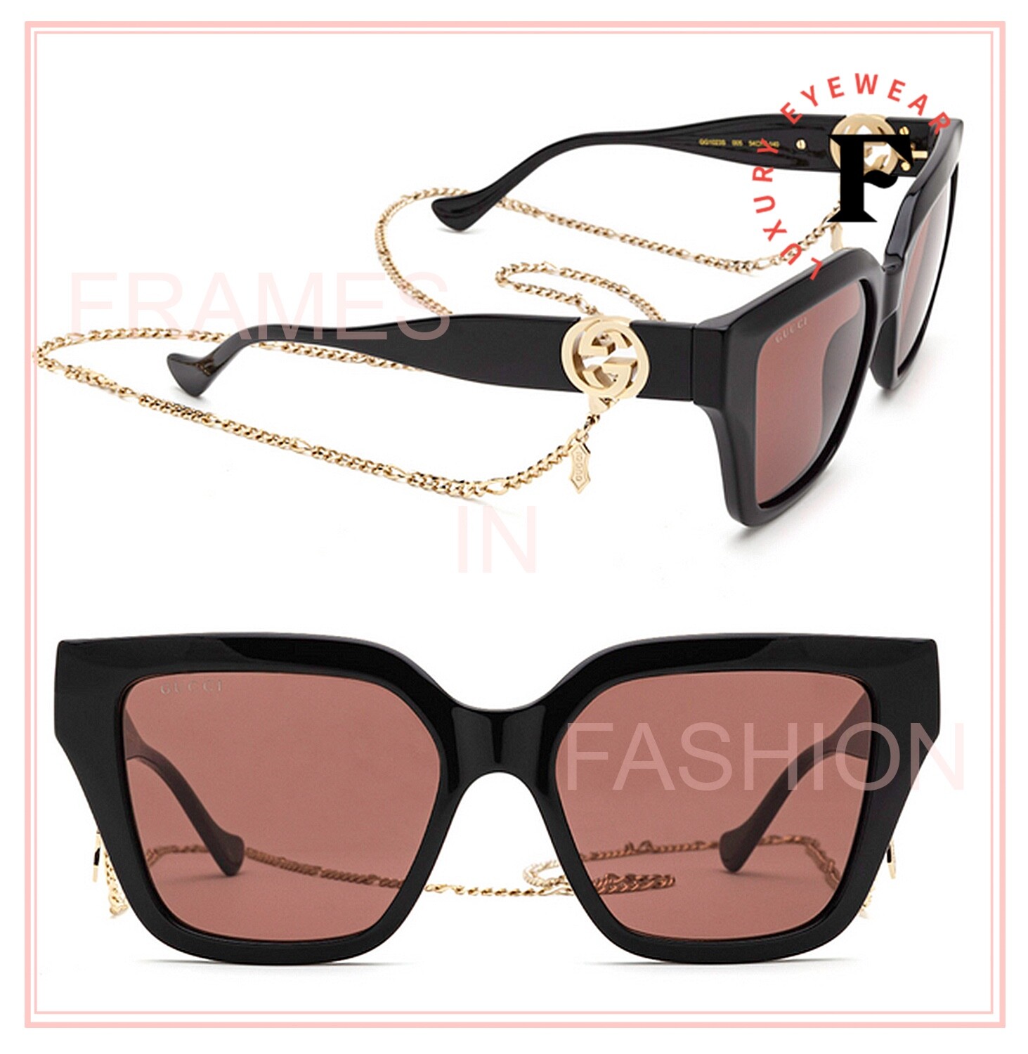 GUCCI ARIA 1023 Brown Black Gold Chain 005 Sunglasses GG1023S Unisex ...