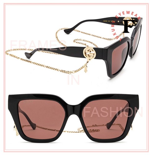 GUCCI ARIA 1023 Brown Black Gold Chain 005 Sunglasses GG1023S Unisex ...