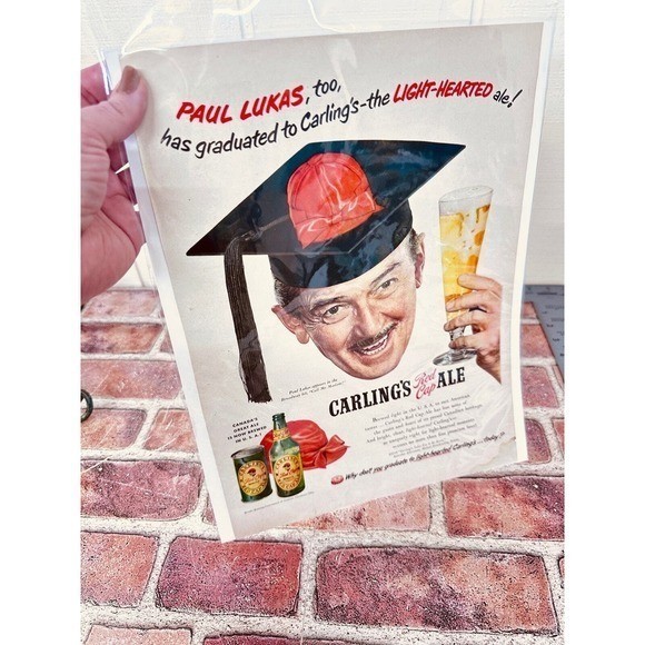 1951 Carling's Red Cap Ale Print Ad Paul Lukas Graduation Cap Canadian ...