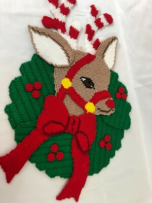 Vintage Rudolph In Wreath Wall Hanging Plastic Canvas Pattern Kit 13" x ...