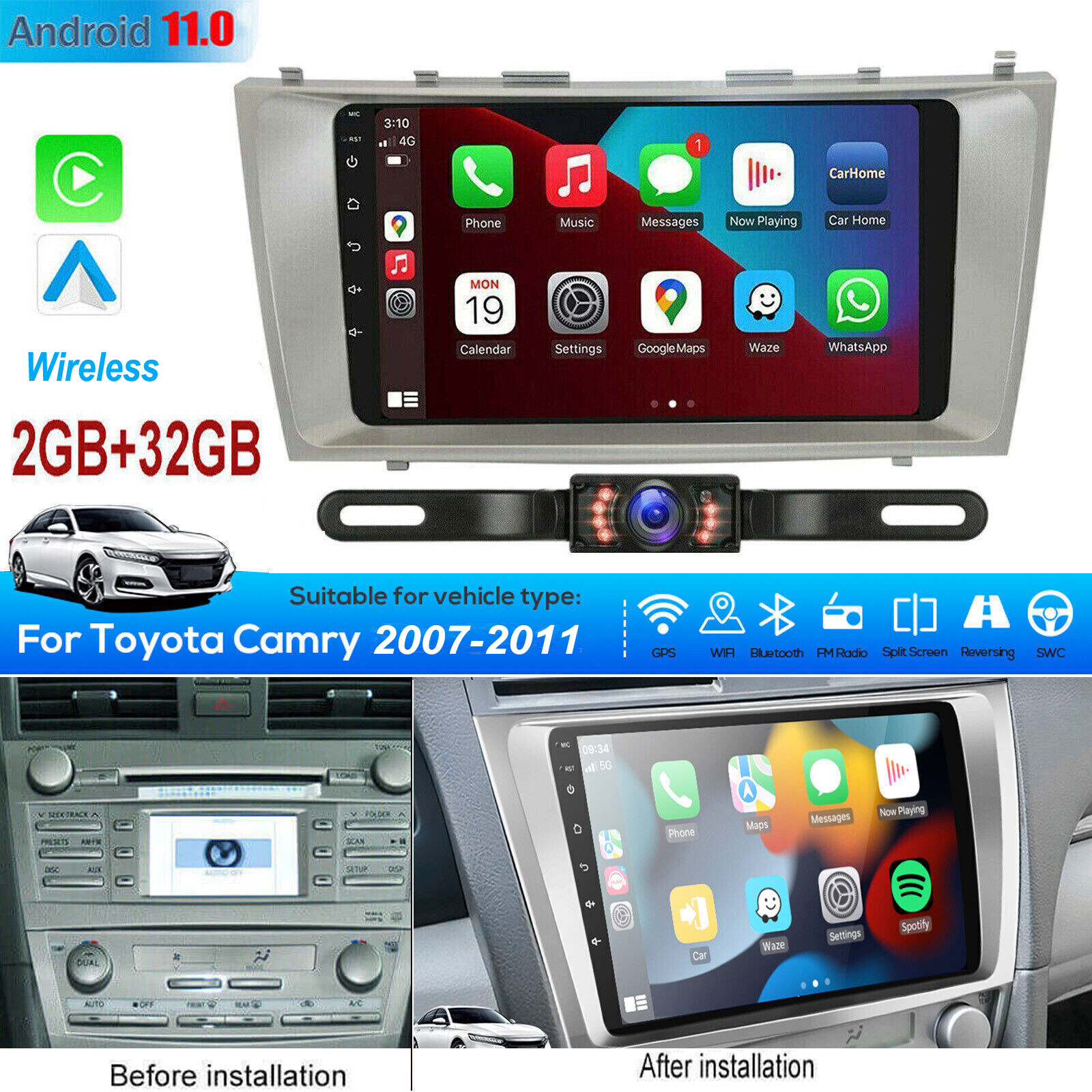 For 2007-2011 TOYOTA CAMRY Android 11 Carplay Car Stereo Radio WIFI GPS ...