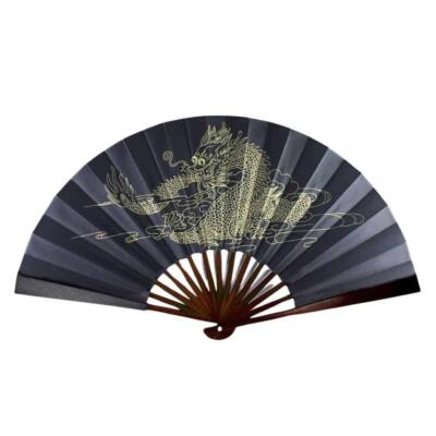 DRAGON FAN 13" Large Black and Gold Folding Hand or Wall Fan Asian Feng ...
