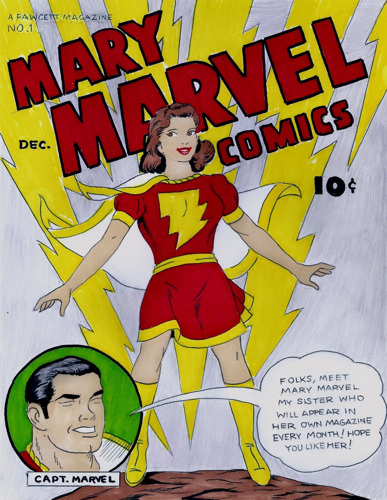 MARY MARVEL COMICS # 1 COVER RECREATION ORIGINAL COMIC COLOR ART ON ...